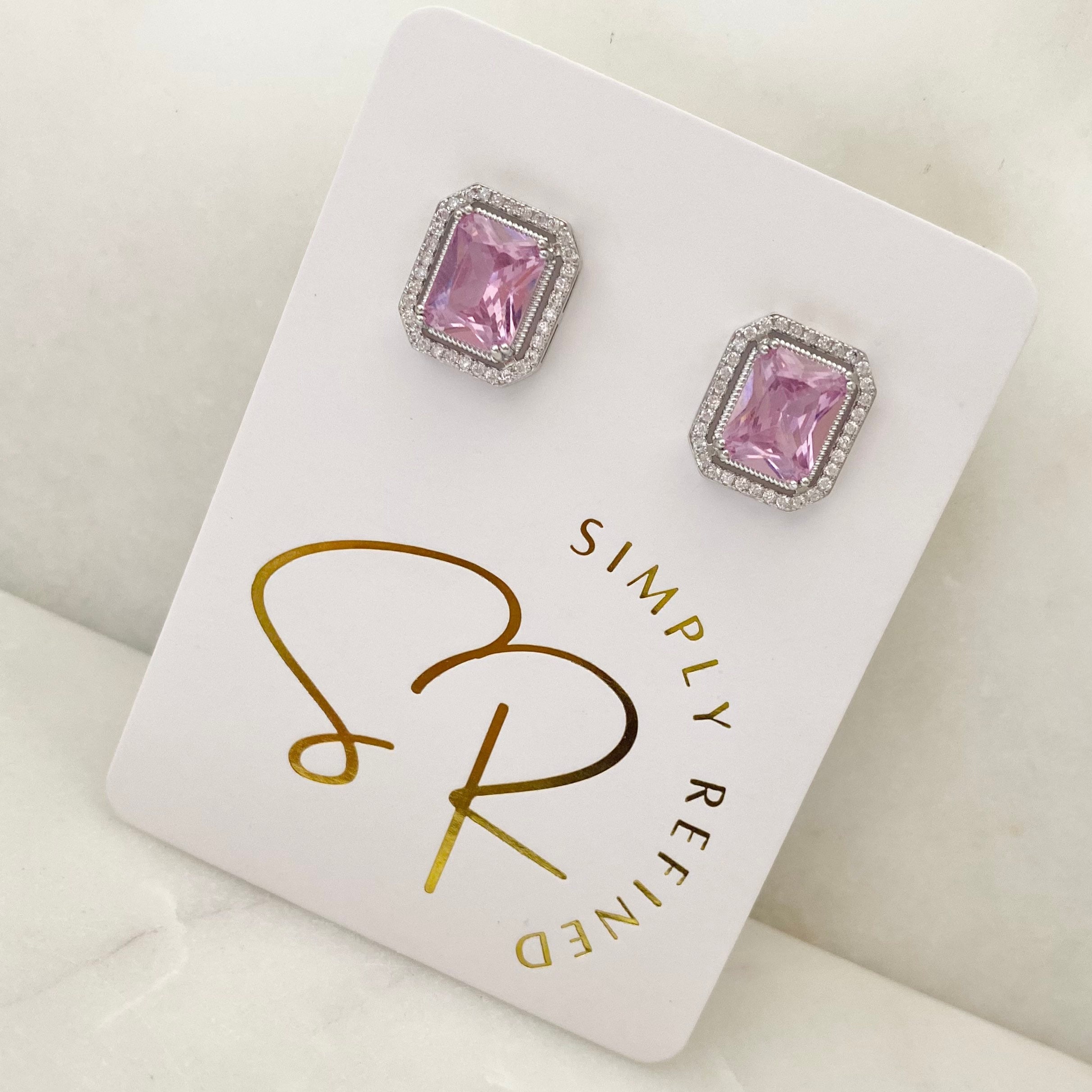 Bridal Pretty Pink Stone Earrings Rectangle Studs Zircon Encrusted ...