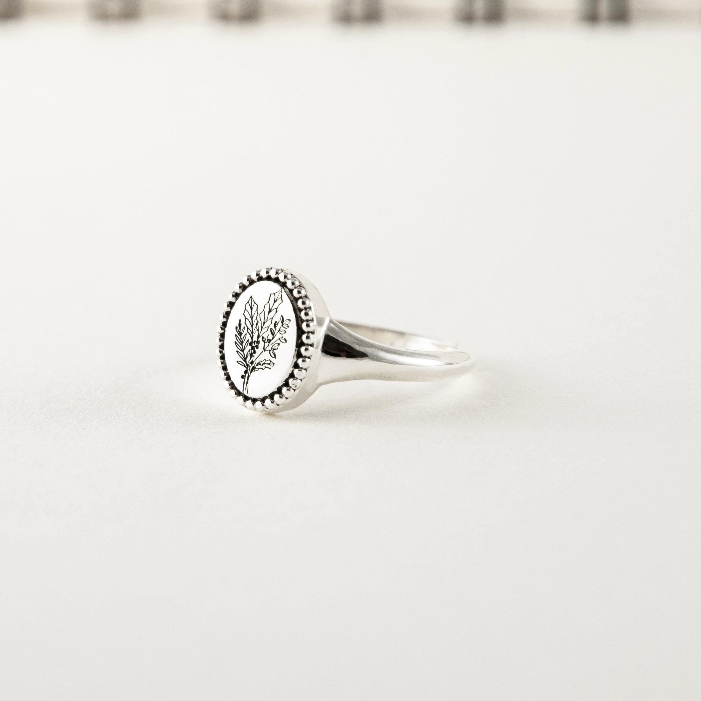Birth Flower Signet Ring: Personalized 925 Sterling Silver Engraved ...