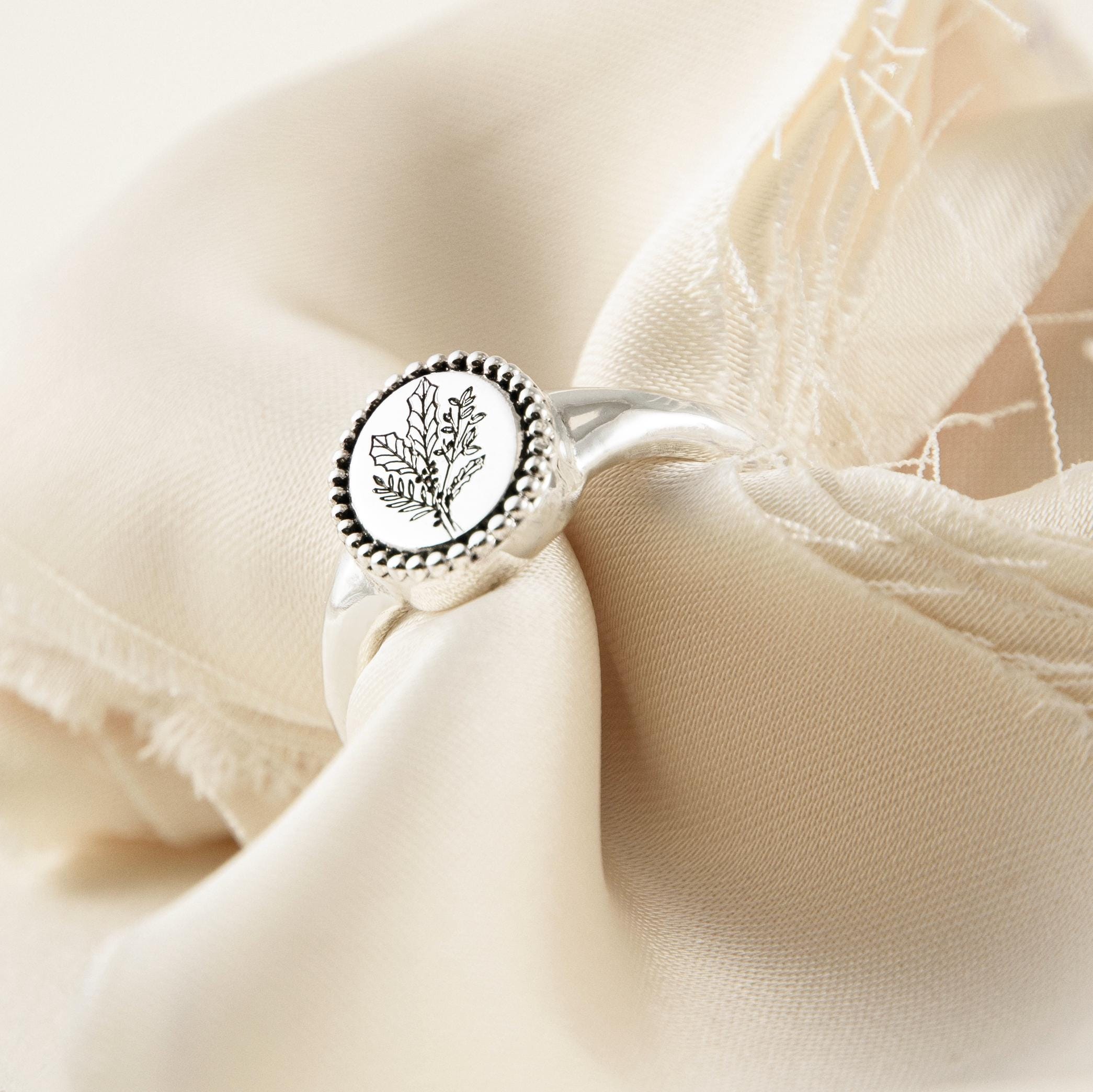 Birth Flower Signet Ring: Personalized 925 Sterling Silver Engraved ...