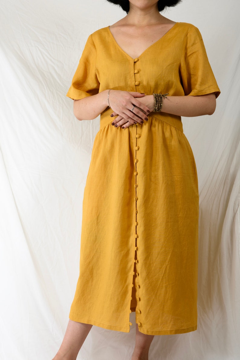 V-neck linen midi dress with tie waist and pockets, plus size clothing ...