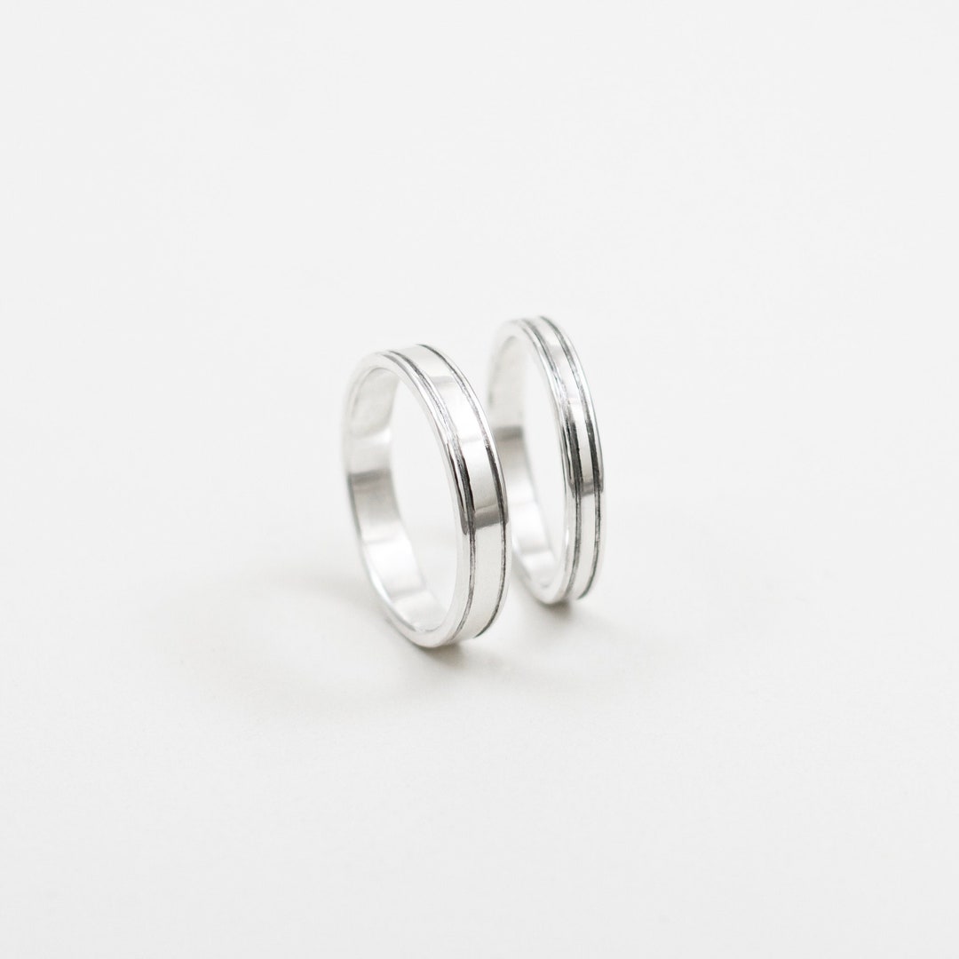 Double Line Fine Silver Couple Rings Set Engraved Promise - Etsy