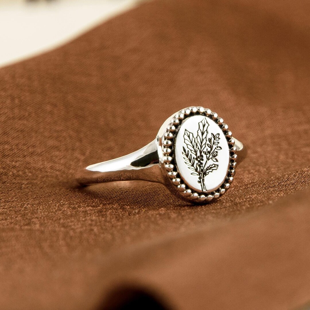 Birth Flower Signet Ring: Personalized 925 Sterling Silver Engraved ...