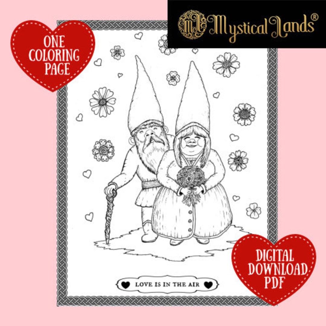 Valentine's Gnomes Coloring Page: Mystical Lands Art (digital PDF) - Etsy