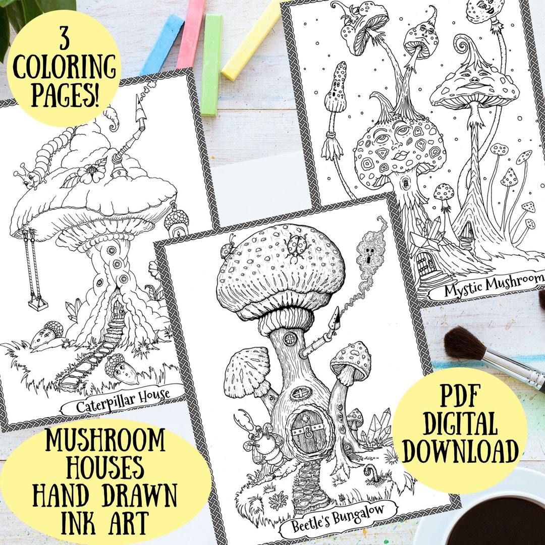 Adult Coloring Pages, Set of 3 HAND DRAWN: Mushroom Fairy Houses ...