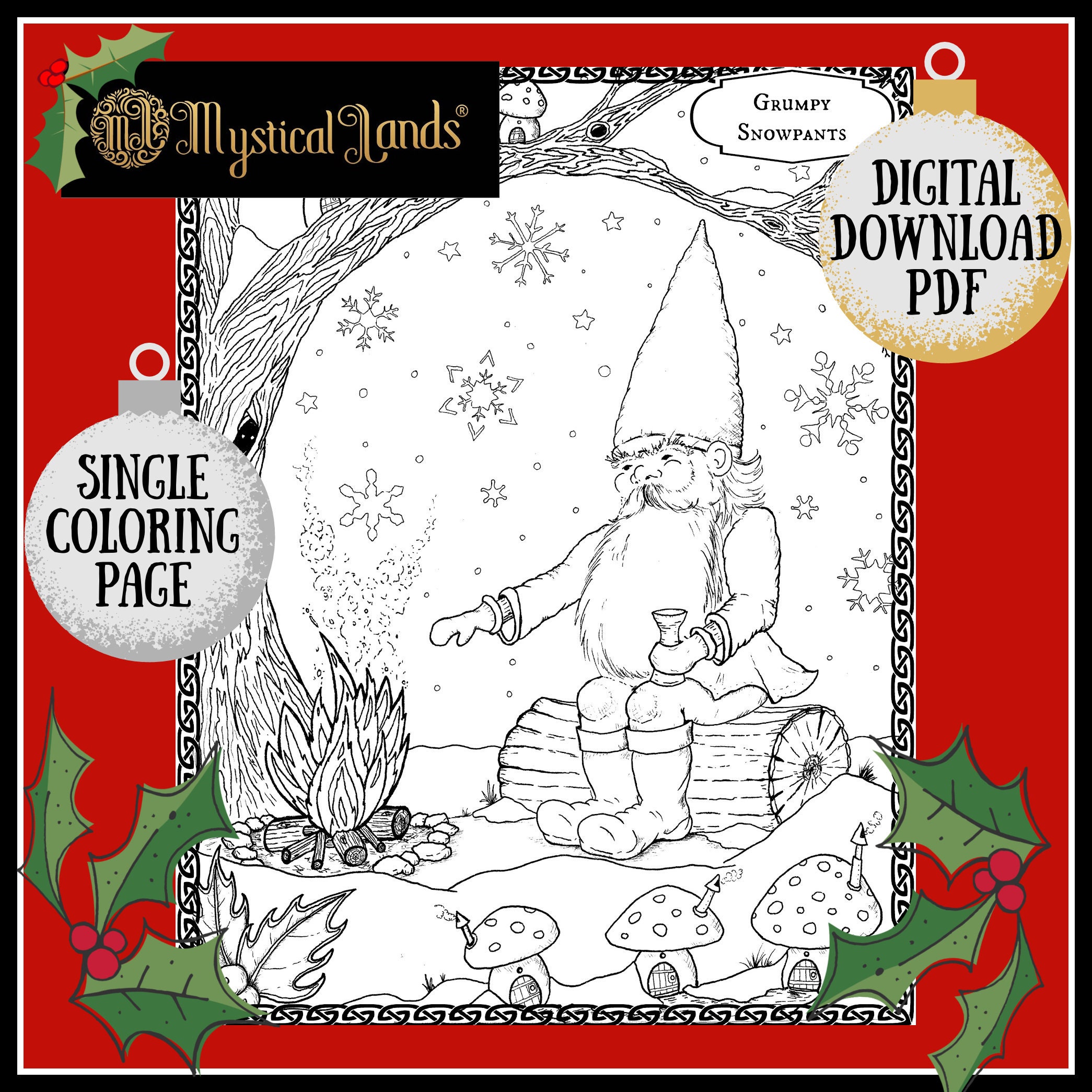 Christmas Gnome Adult Coloring Page: "grumpy Snowpants Gnome" Mystical ...