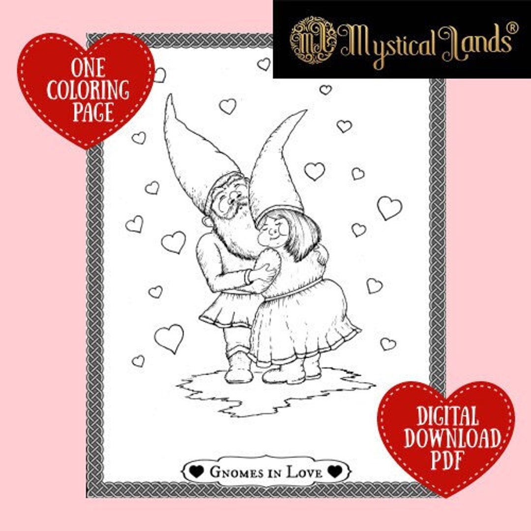 Gnomes in Love Coloring Page: Valentine's Day Mystical Lands (digital ...
