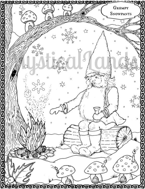 Christmas Gnome Adult Coloring Page: grumpy Snowpants Gnome Mystical ...