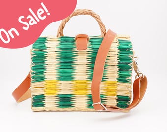 Basket Bag Organic Reed With Leather Shoulder Strap, MEDIUM Size ...
