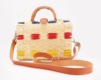 Basket Bag Organic Reed With Leather Shoulder Strap, MEDIUM Size ...