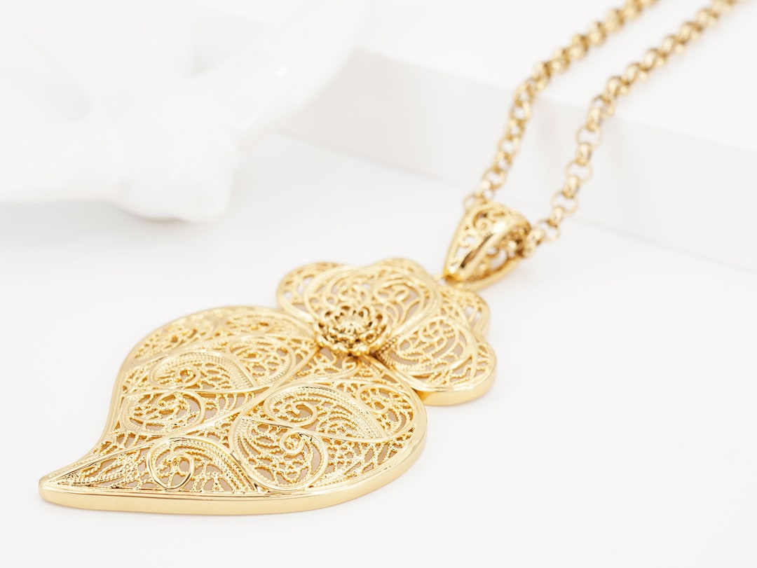 Portuguese Filigree Inspired LARGE Traditional Viana Heart in Necklace ...