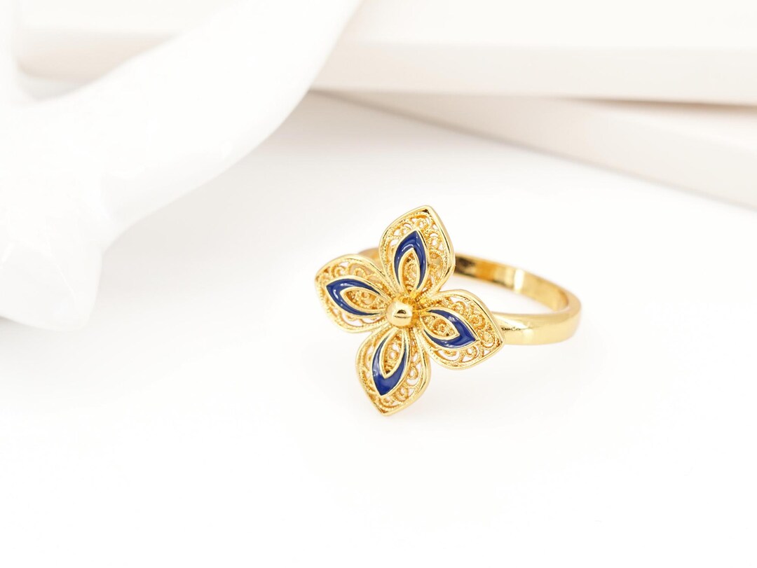 Portuguese Filigree Inspired Flower Ring W/ Blue Details, Golden ...