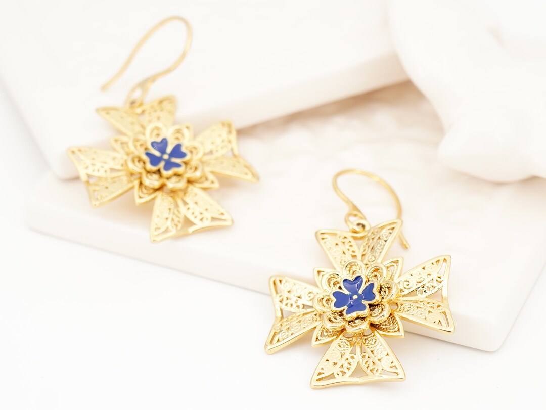 Portuguese Filigree Inspired Large Cross Earrings, Golden Stainless ...