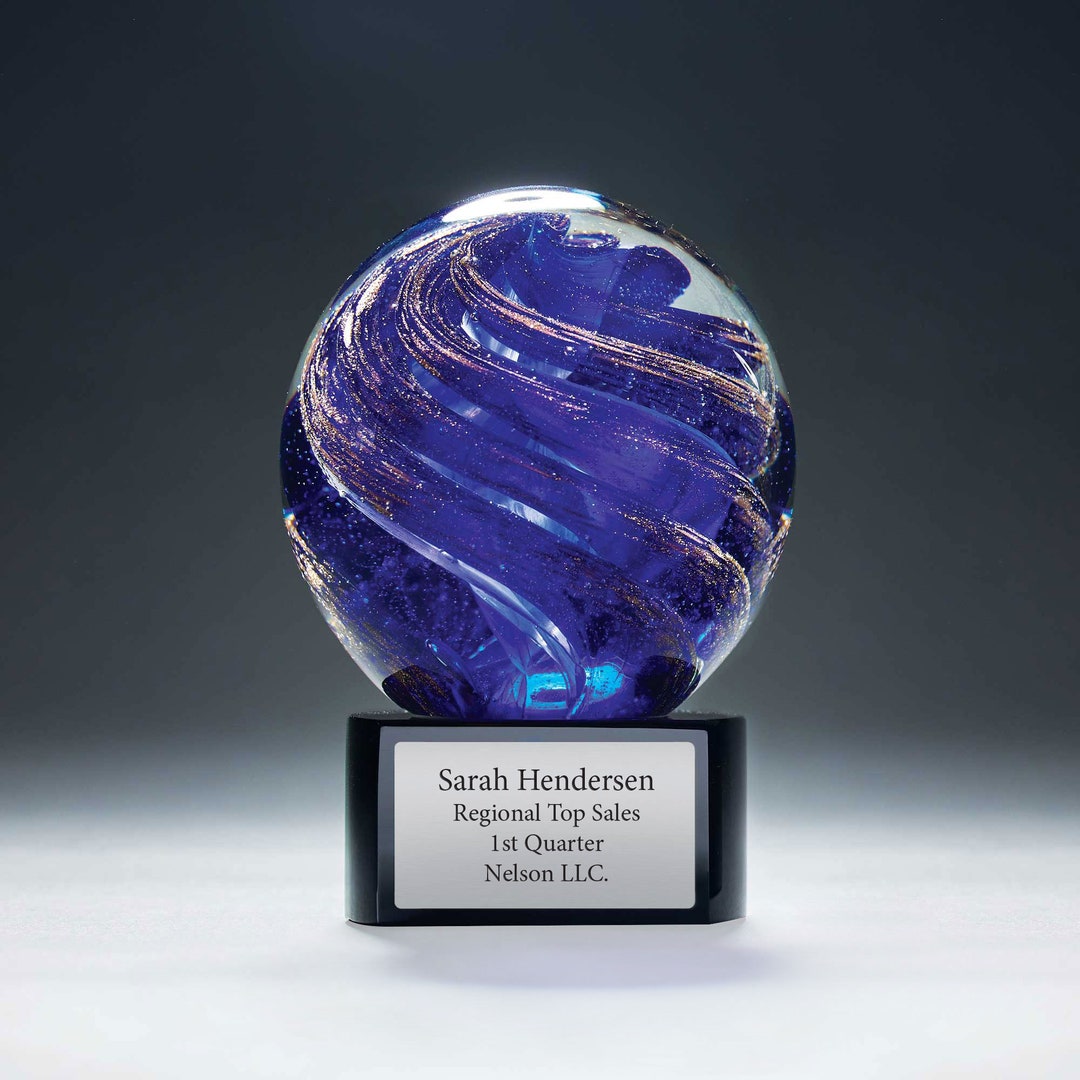 Art Glass Trophy - Blue and Gold Glitter Sphere - Award Trophy ...