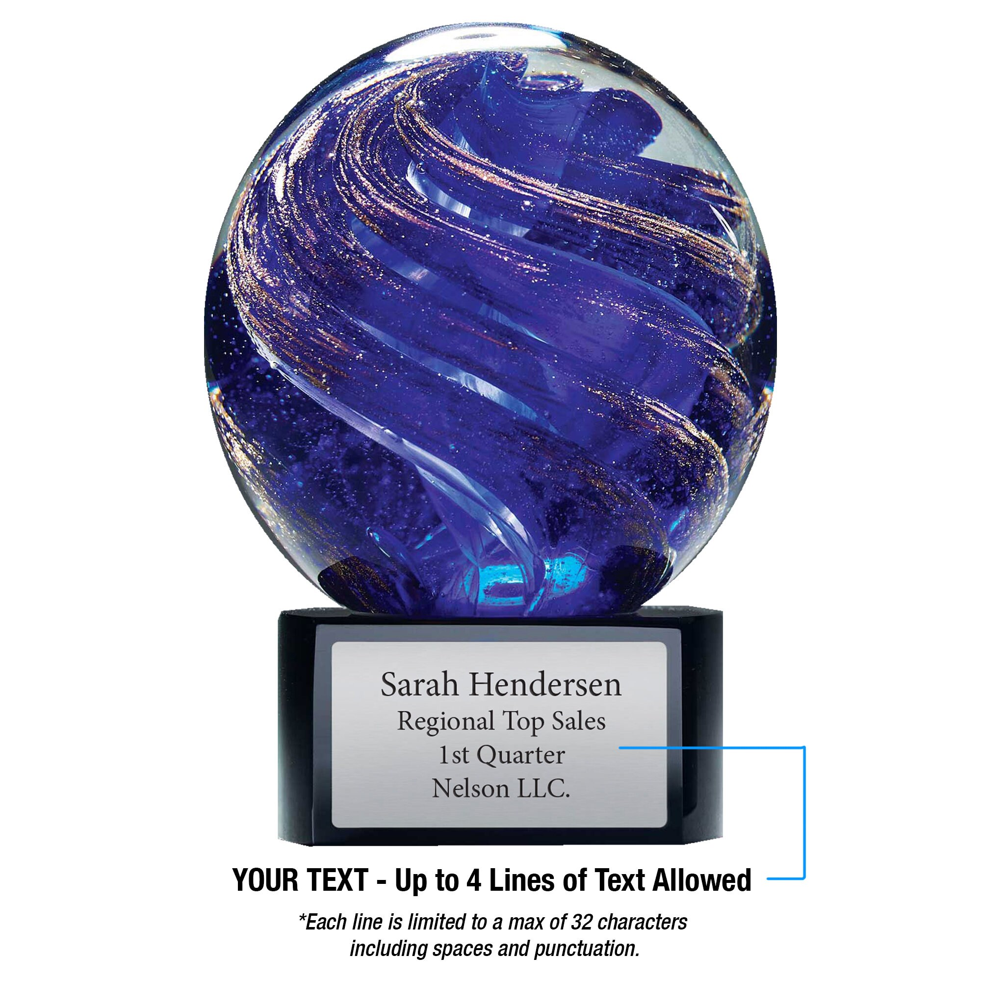 Art Glass Trophy - Blue and Gold Glitter Sphere - Award Trophy ...