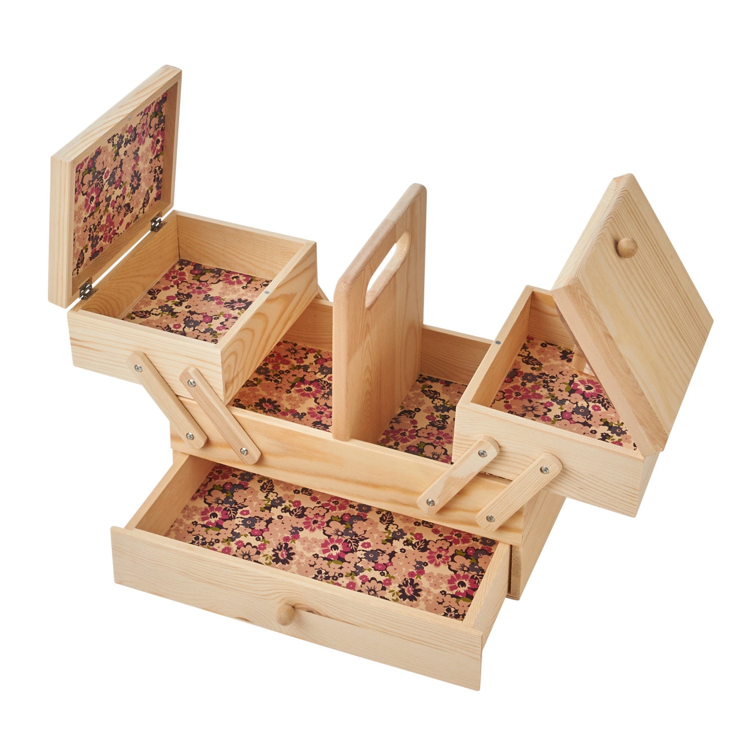 Small Wooden Cantilever Sewing Box Light Pine With Ditsy Floral Design ...