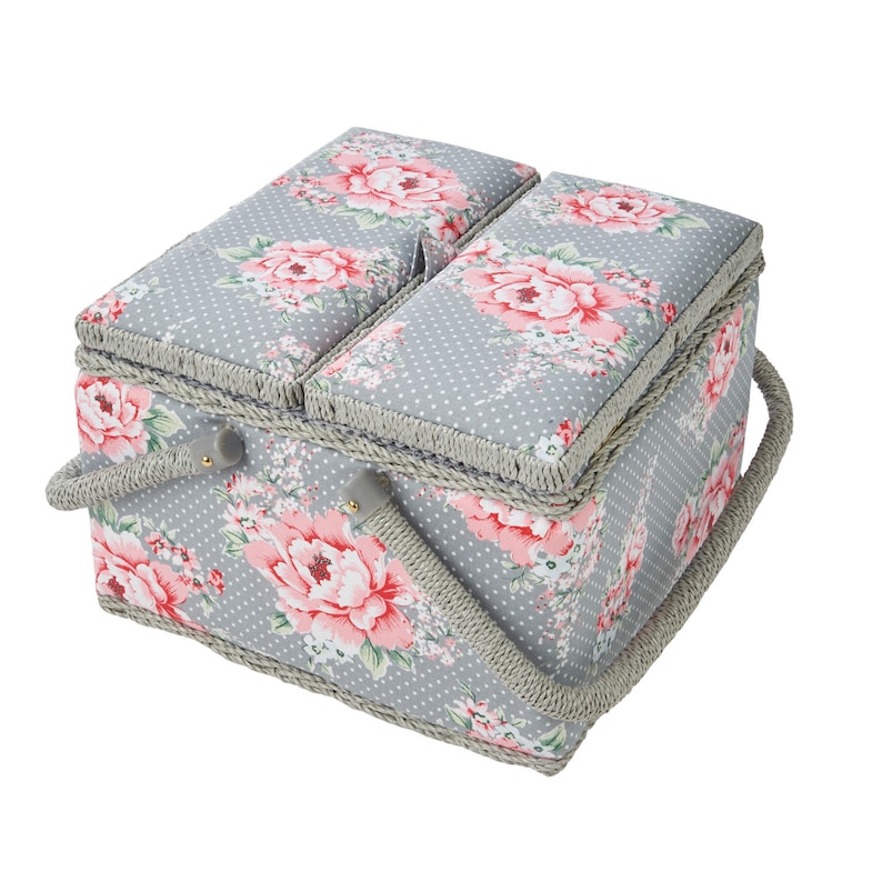 Extra Large Twin Lidded Beautiful Bloom Sewing Box, Pink on Grey ...