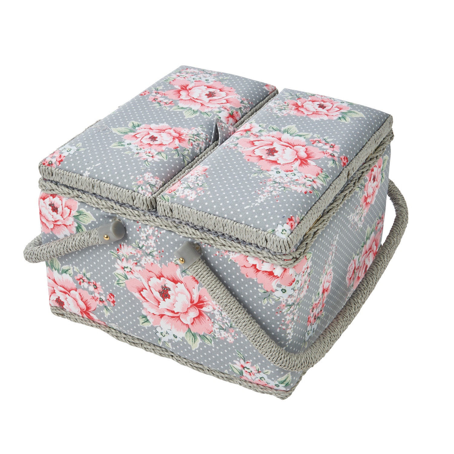 Extra Large Twin Lidded Beautiful Bloom Sewing Box, Pink on Grey ...