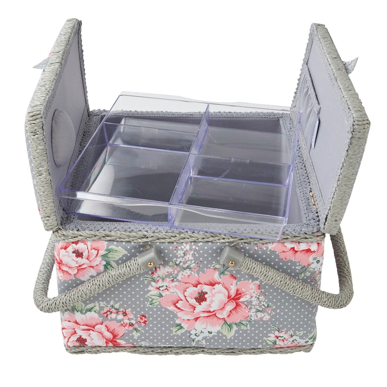 Extra Large Twin Lidded Beautiful Bloom Sewing Box, Pink on Grey ...