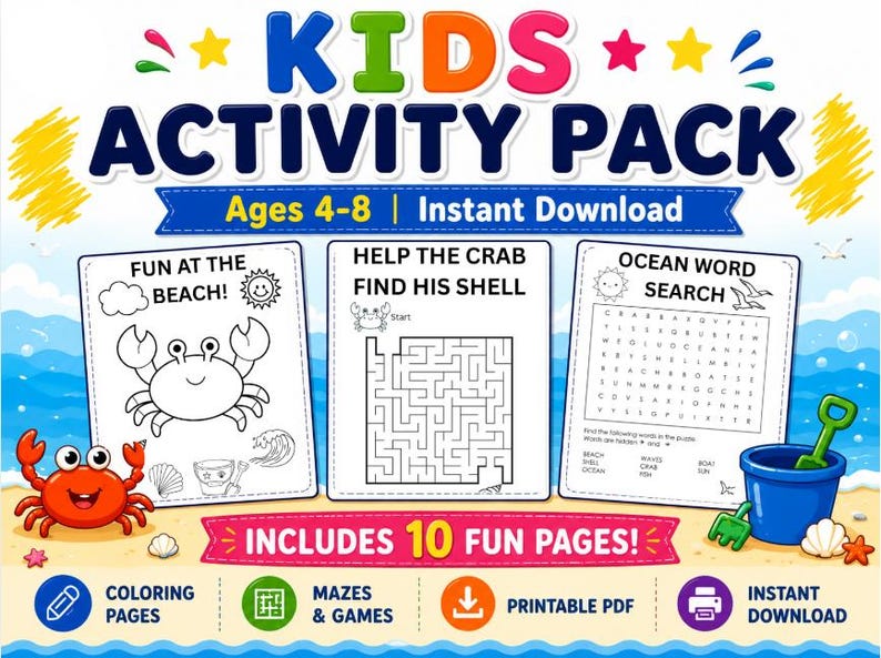 Kids Beach Activity Pack | Coloring Pages, Mazes, Games (ages 4-8 ...
