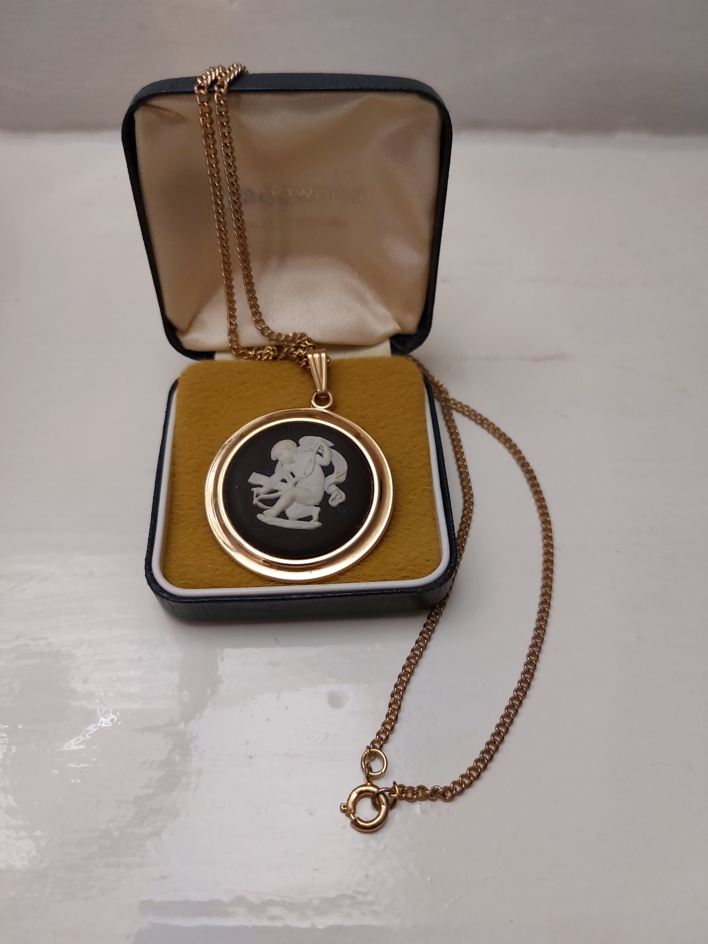 Vintage Wedgwood Black Jasperware and Gold Plated Pendant With 24" Gold ...