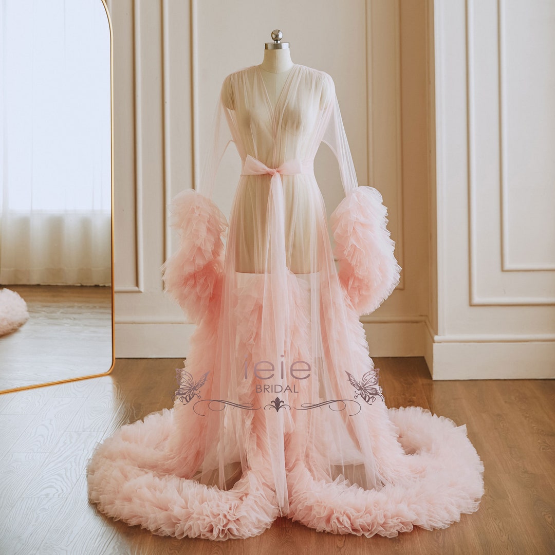 Blush Pink Tulle Ruffle Robe for Bridal, Maternity Photo Shoot | RR2201 ...