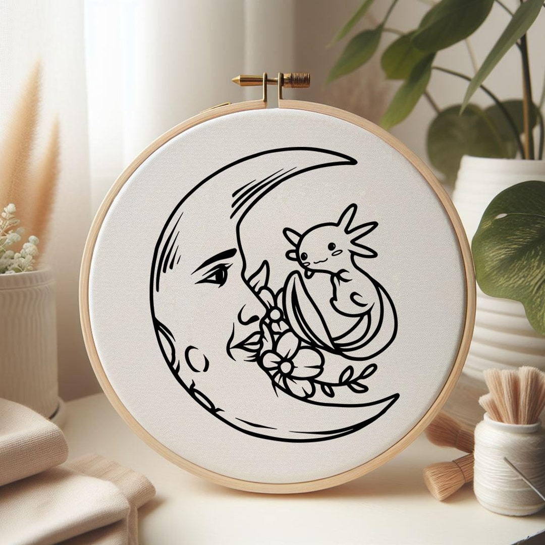 Axolotl Moon Hand Embroidery Pattern , Ocean Animal Beginner Friendly ...