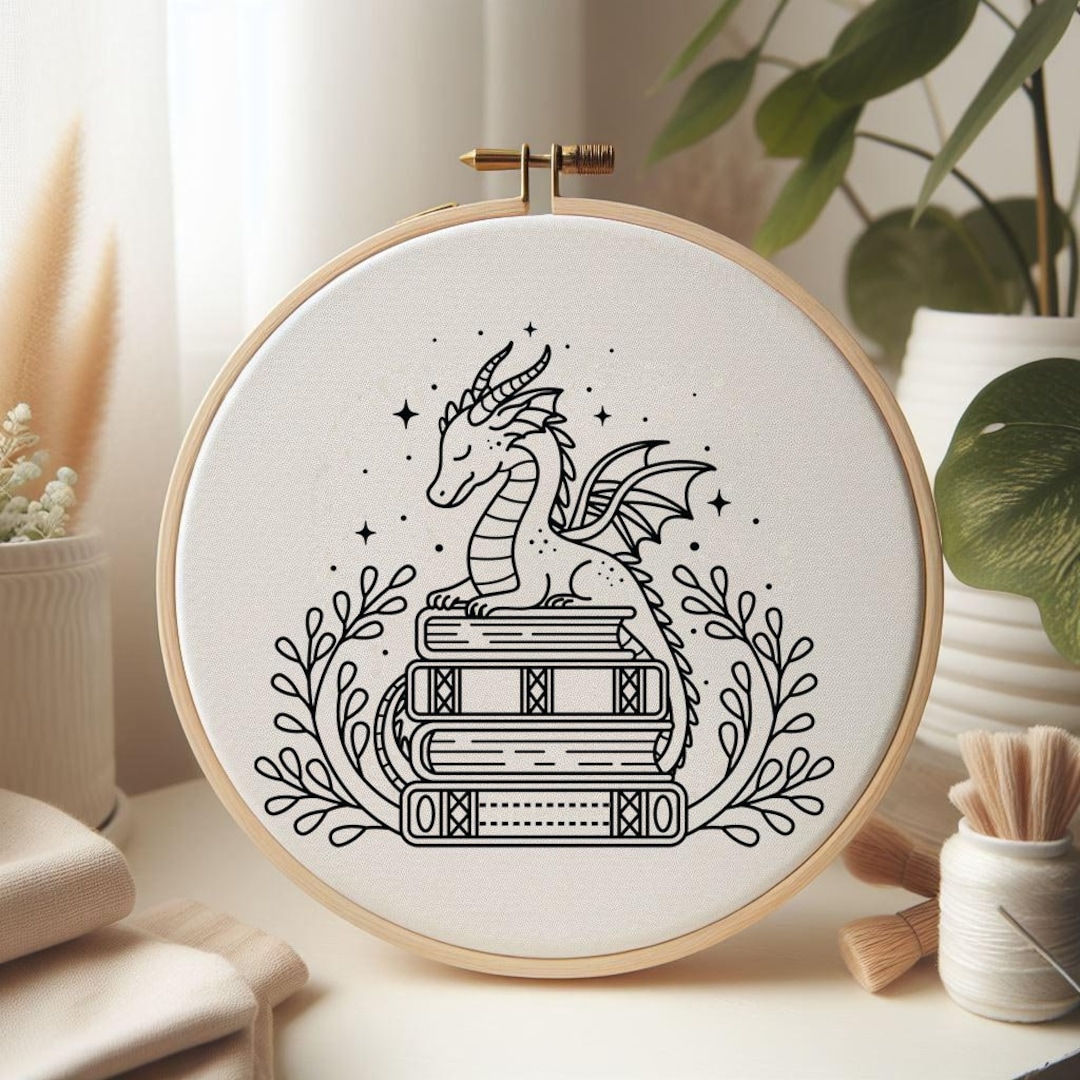 Dragon With Books Hand Embroidery Pattern , Cute Easy Fantasy Magical ...