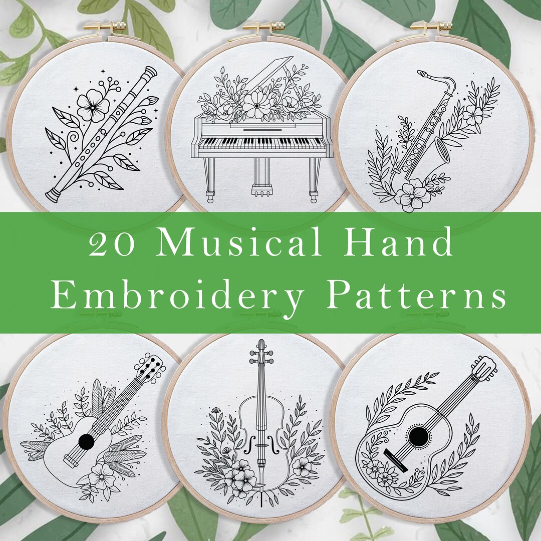 Set of 20 Musical Instruments Hand Embroidery , Floral Beginner ...