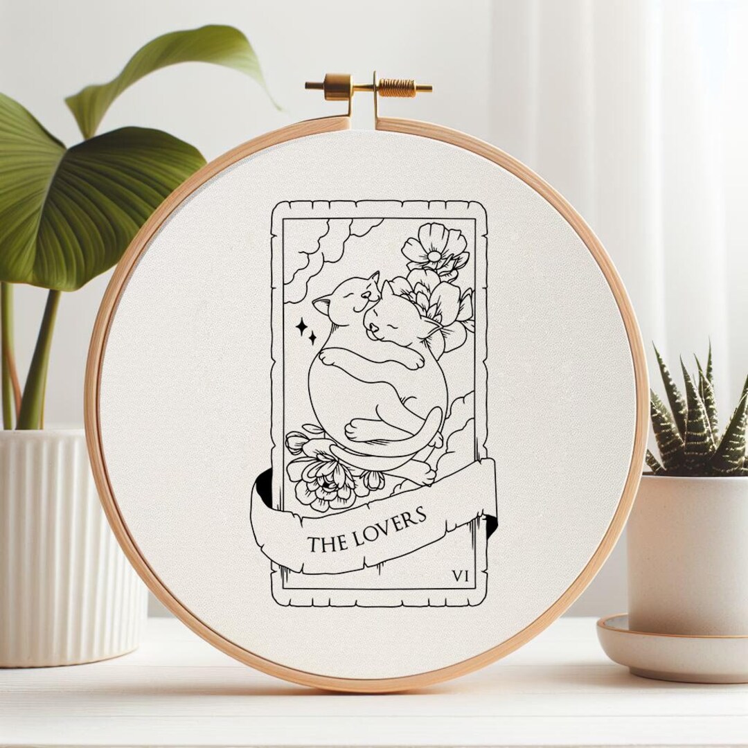 The Lovers Cat Tarot Card Hand Embroidery Pattern , Animal Beginner ...