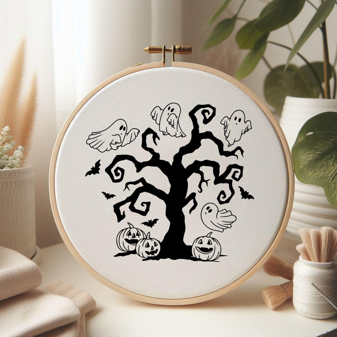 Halloween Spooky Ghost Hand Embroidery Pattern , Graveyard Tree Easy ...
