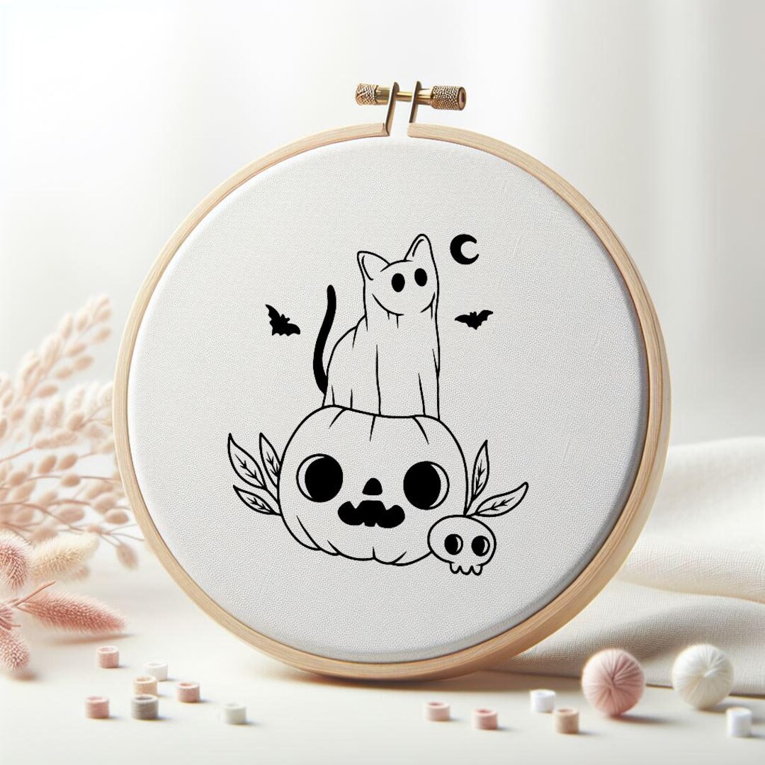 Halloween Ghost Cat Hand Embroidery Pattern , Cute Easy Beginner ...