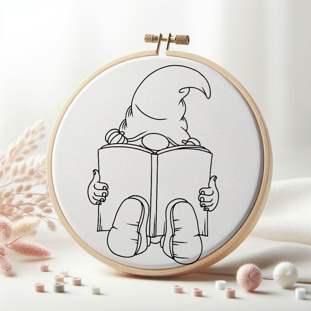 Gnome Reading a Book Hand Embroidery Pattern , Cute Funny Beginner ...