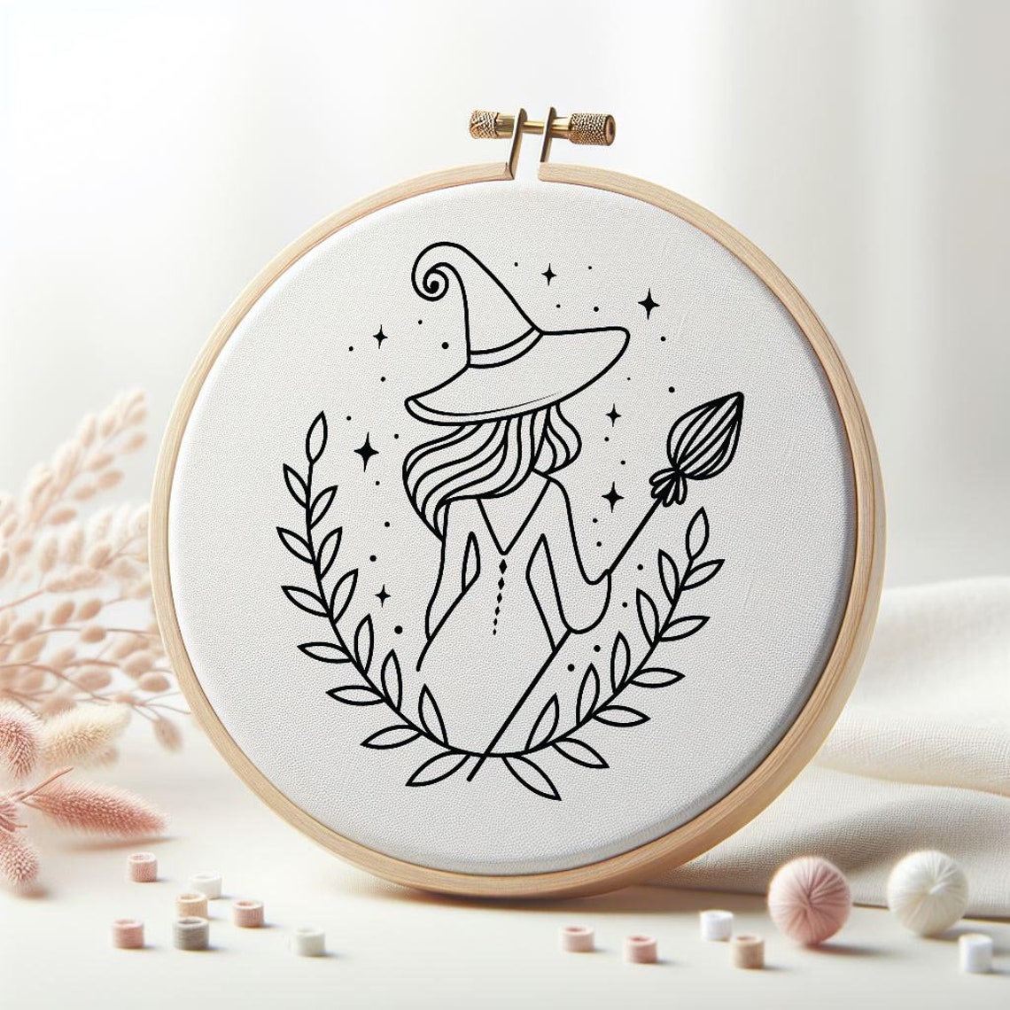 Halloween Witchy With Staff Hand Embroidery Pattern , Cute Boho Witchy ...