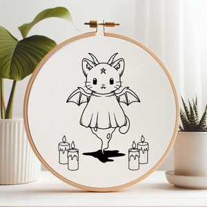 Halloween Cute Demon Cat Hand Embroidery Pattern , Easy Beginner ...