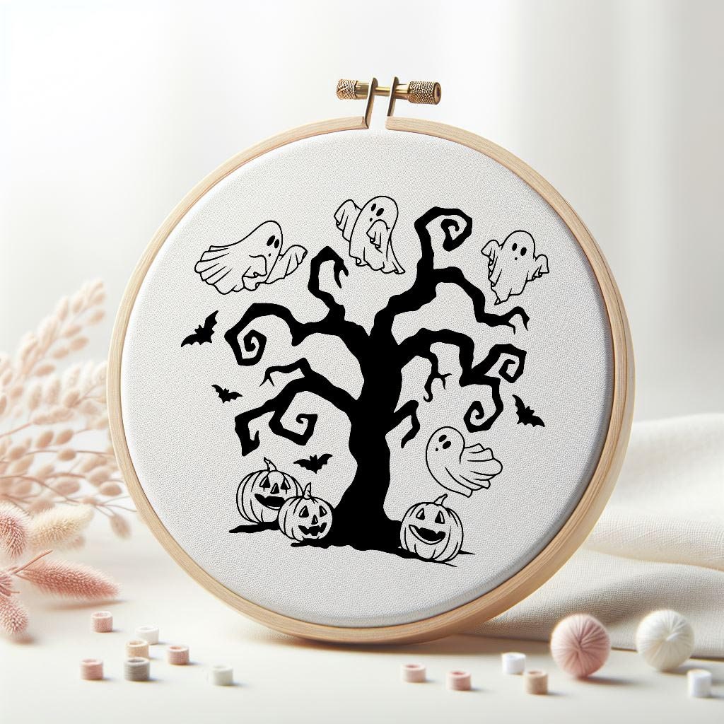 Halloween Spooky Ghost Hand Embroidery Pattern , Graveyard Tree Easy ...
