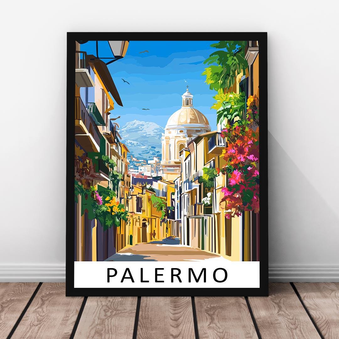 Stampa di viaggio di Palermo - Poster in vero legno con cornice di Palermo, arte murale di ...