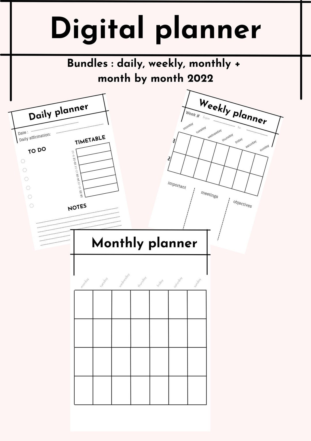 Digital Planner 2022 PRINTABLE : Daily, Weekly, Monthly! Todo, Notes ...