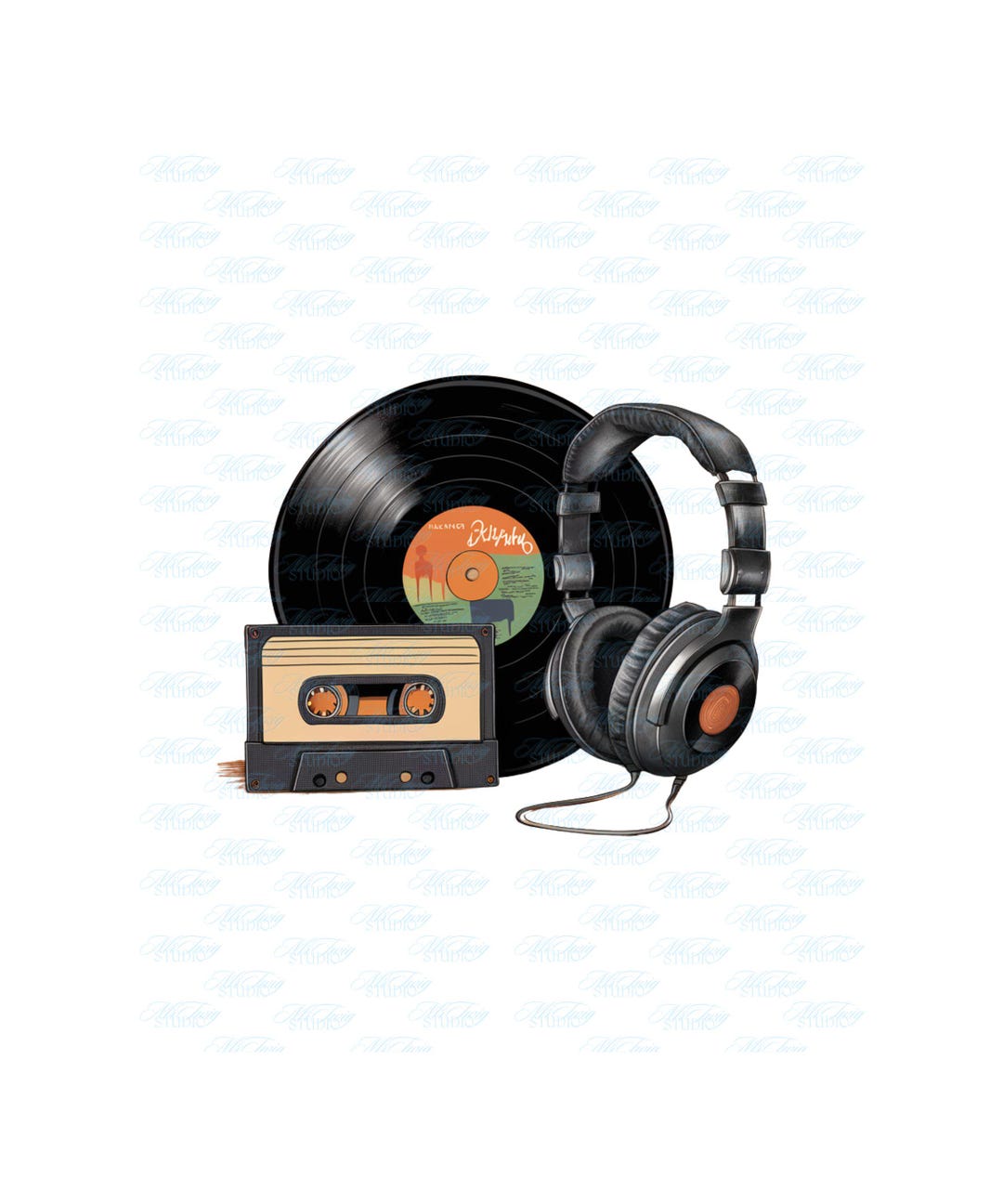 Retro Music PNG: Vinyl, Cassette, Headphones T-shirt Design (digital ...