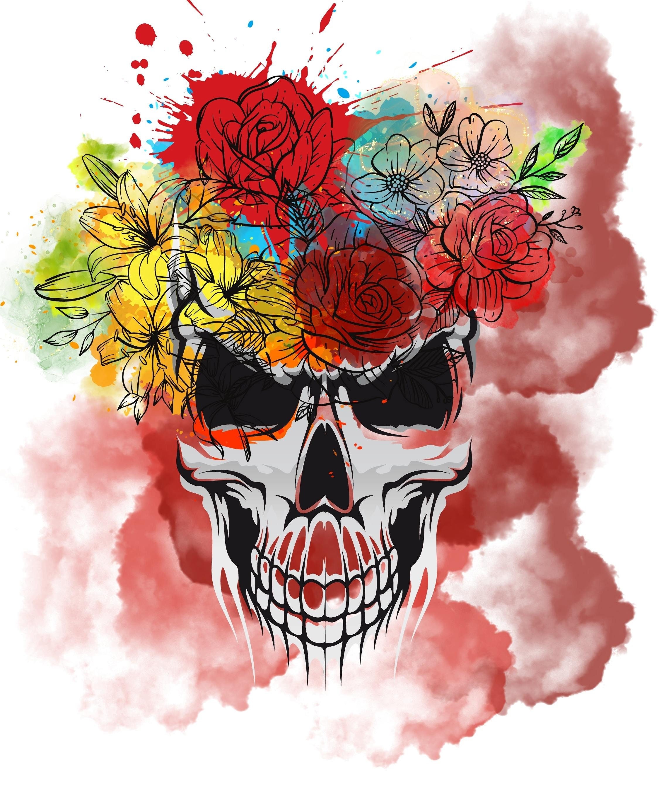 Mad Floral Skull PNG, Skull and Roses PNG, Instant Download ...