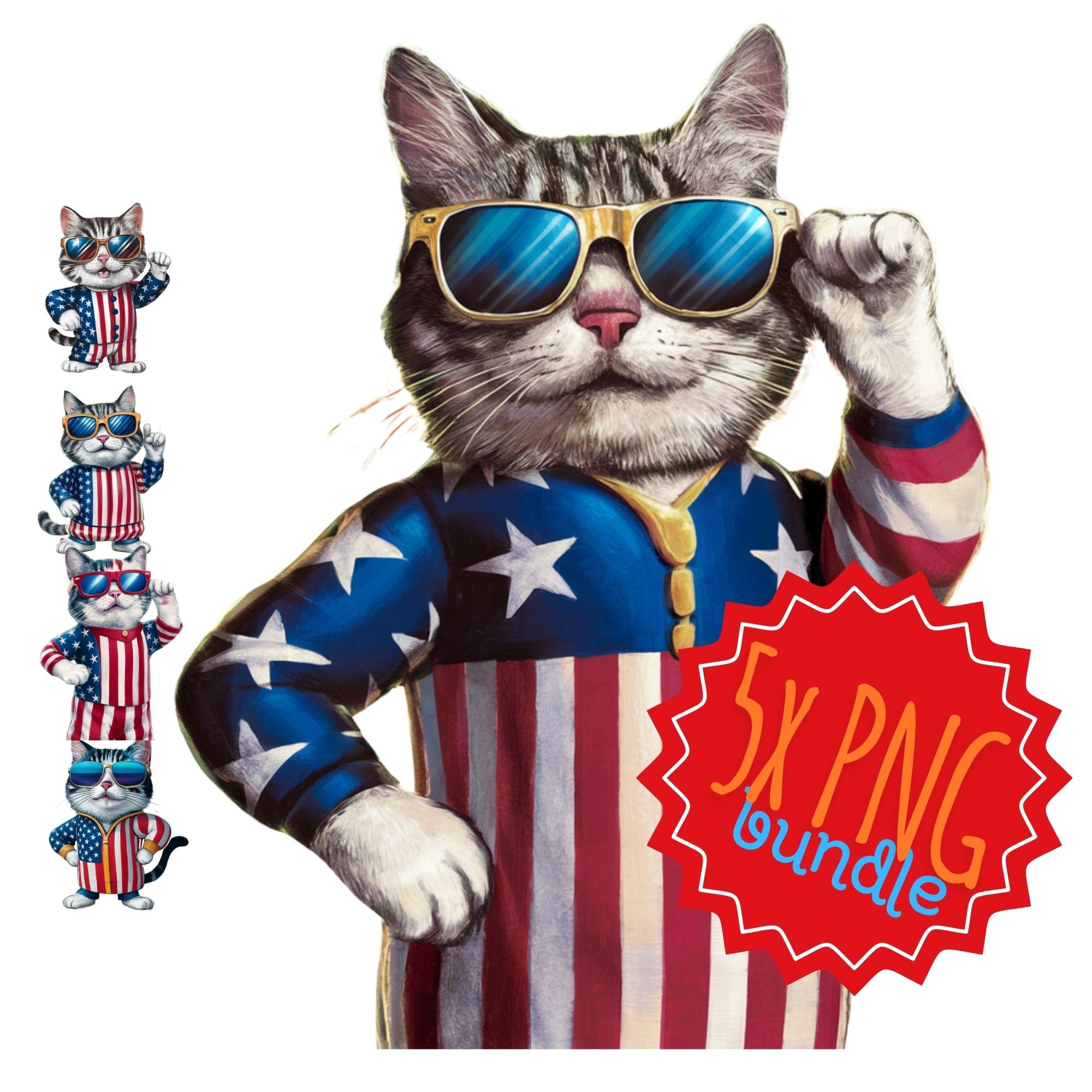 4th of July Cat Art Bundle USA Flag Cat Clipart, Printable Sublimation PNG Independence Day Cat ...