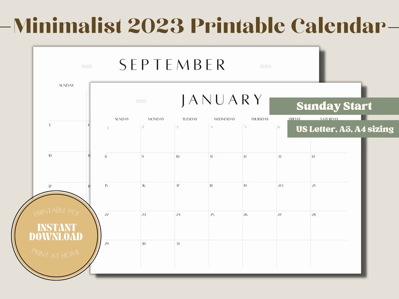 Minimalist Calendar 2023 Calendar Printable 2023 Monthly - Etsy