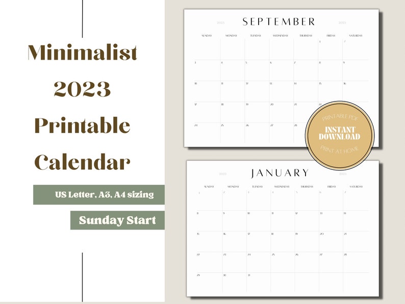 Minimalist Calendar 2023 Calendar Printable 2023 Monthly - Etsy