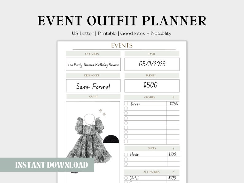 Event Outfit Planner | Digital and Printable Template | Outfit Planner ...