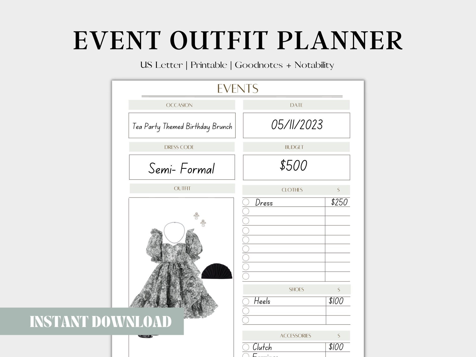 Event Outfit Planner | Digital and Printable Template | Outfit Planner ...