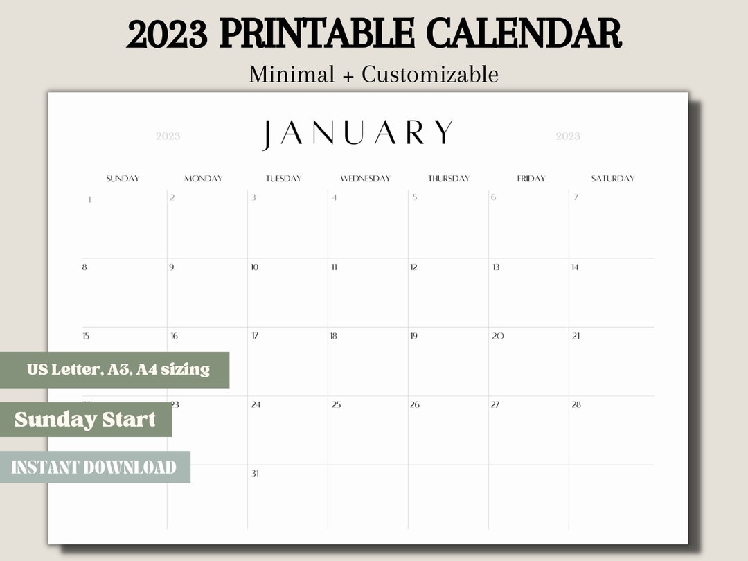 Minimalist Calendar 2023 Calendar Printable 2023 Monthly Planner A4, A3 ...