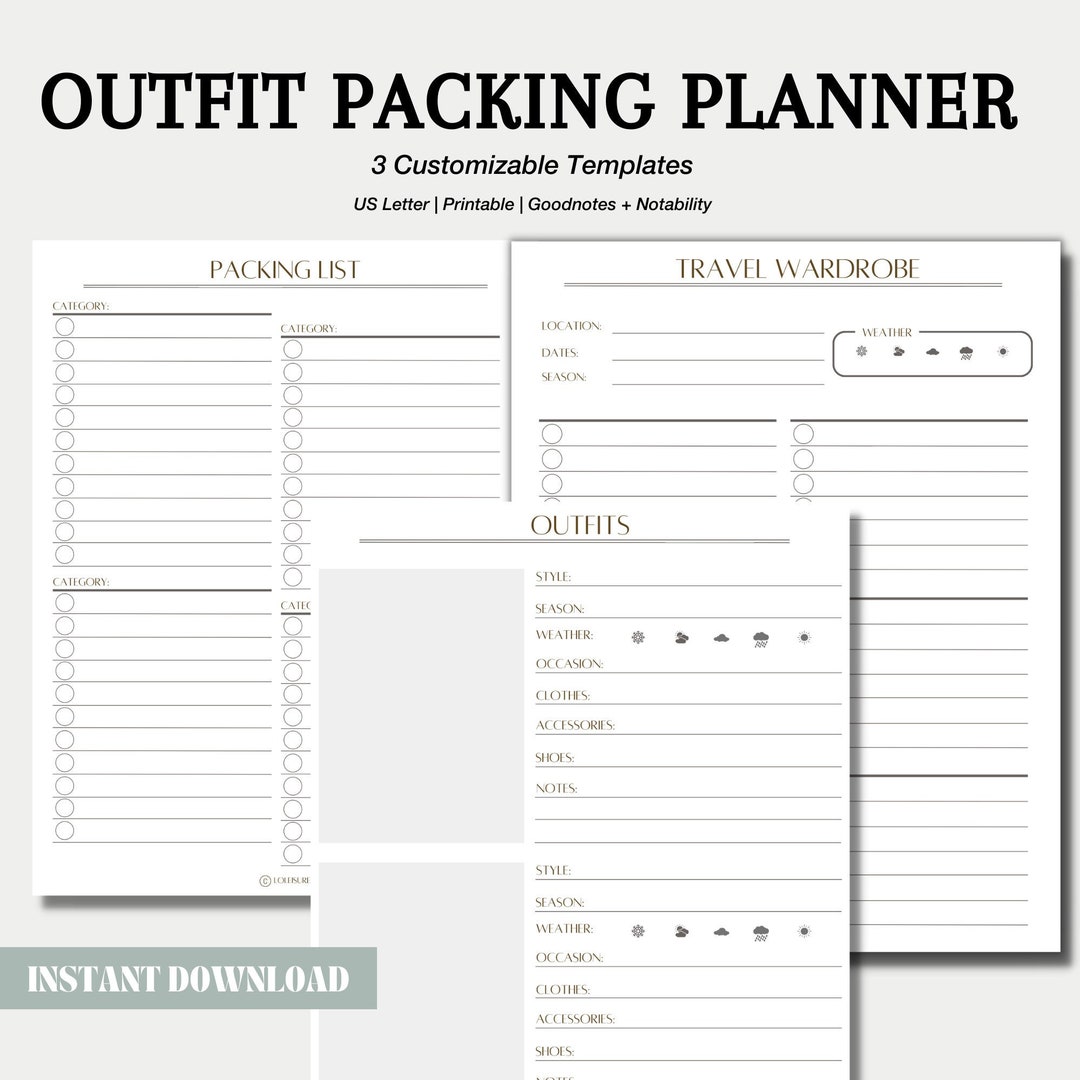 Outfit Packing Templates | Travel Wardrobe | Outfit Planner | Packing ...