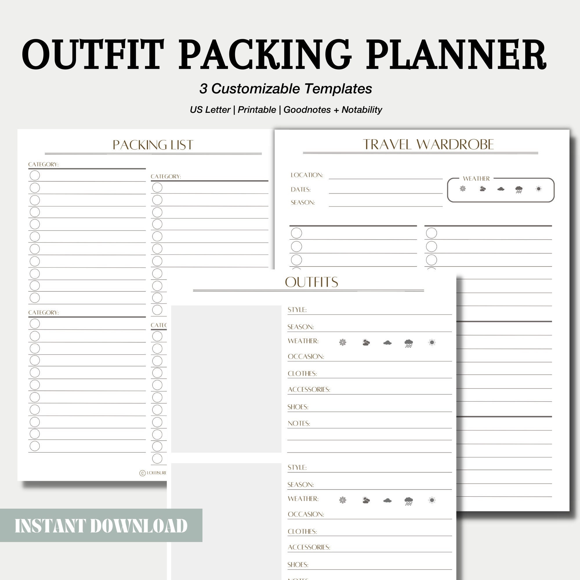 Outfit Packing Templates | Travel Wardrobe | Outfit Planner | Packing ...