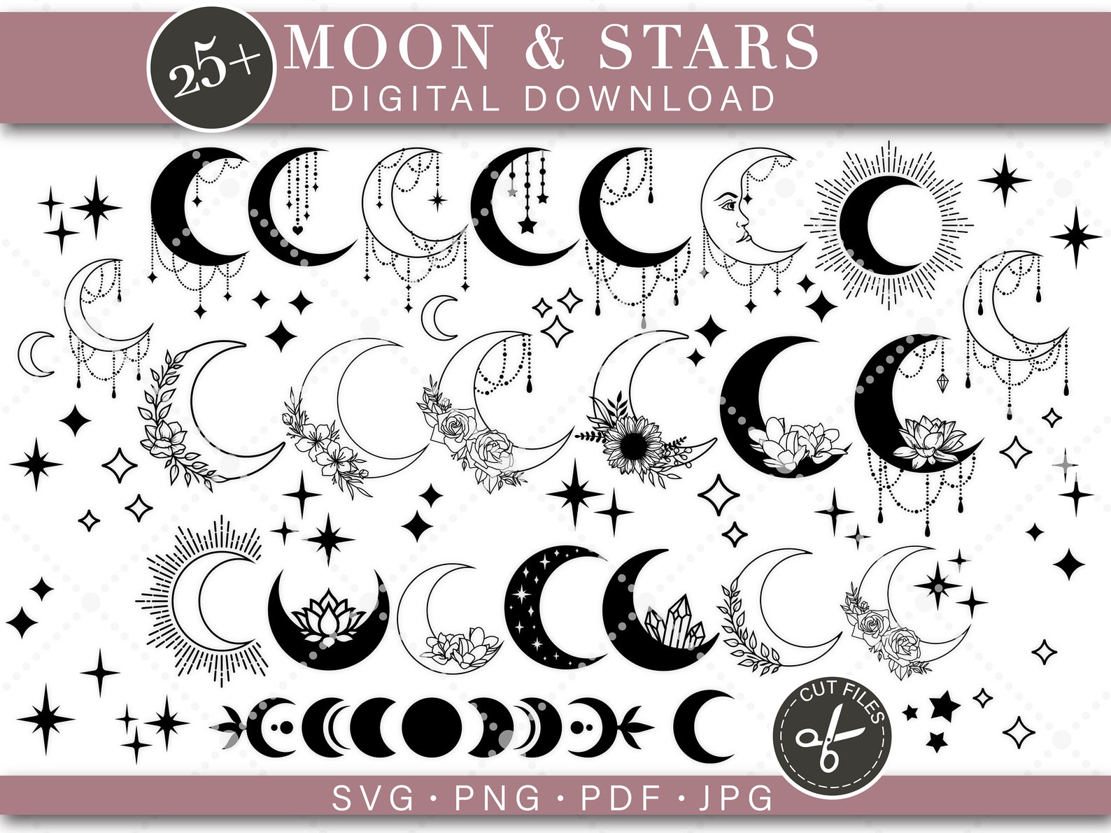 Moon SVG Bundle Floral Moon Svg Moon and Stars SVG Crescent Moon Svg ...