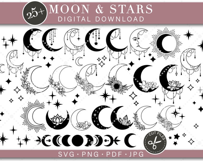 Moon X50 BUNDLE Svg/eps/png/dxf/jpg/pdf, Boho Moon Svg, Drawn Moon Svg ...