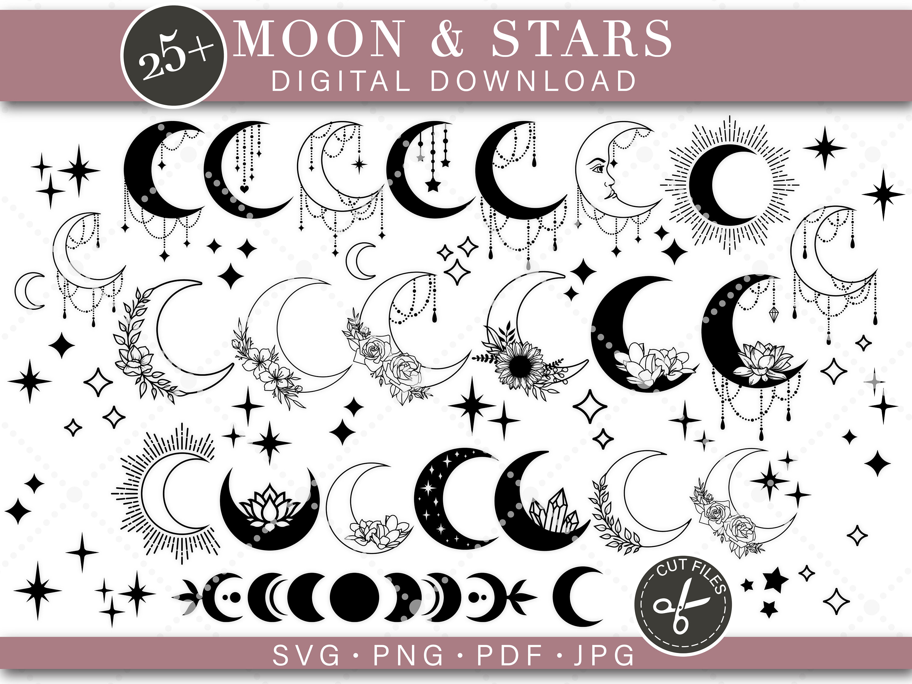 Moon SVG Bundle Floral Moon Svg Moon and Stars SVG Crescent Moon Svg ...